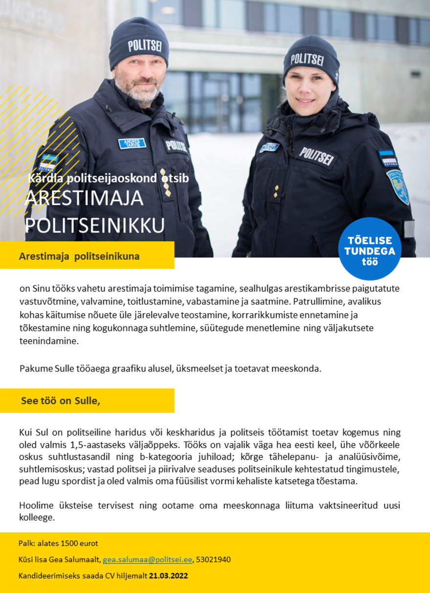 Arestimaja politseinik, Hiiumaa, Politsei- ja Piirivalveamet | CV.ee